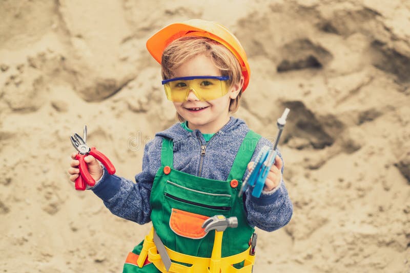 Cute Boy with Construction Tools. Little Builder. Construction Engineer ...