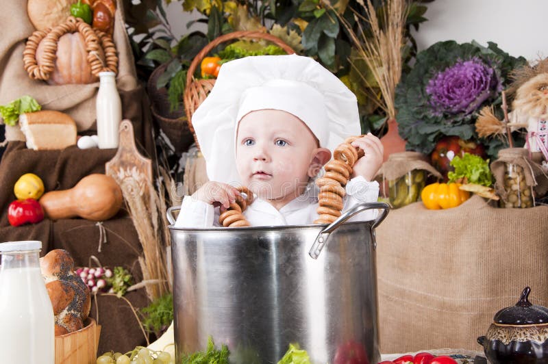 Cute boy in a cook pan stock image. Image of baby, funny - 22917379