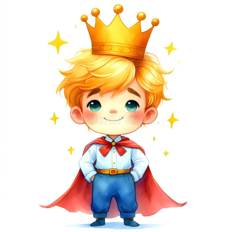 Cute Boy in a Crown. Little Prince. Watercolor Technique. Stock ...