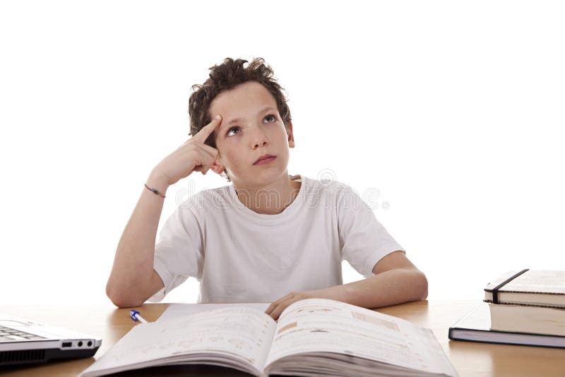 Cute Boy on the Desk Studying and Thinking Stock Photo - Image of hand ...