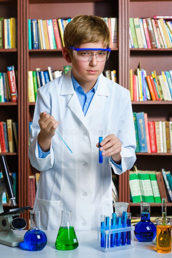 Cute Boy Doing Biochemistry Research in Chemistry Stock Image - Image ...