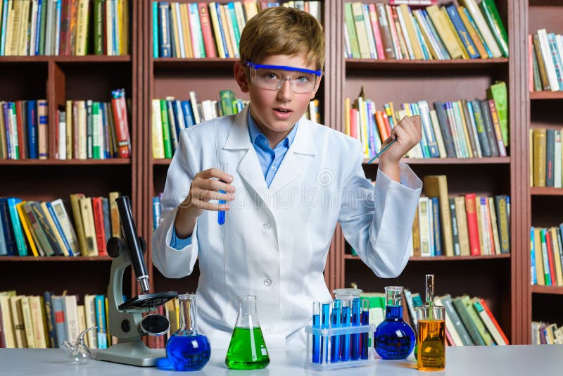 Cute Boy Doing Biochemistry Research in Chemistry Stock Image - Image ...
