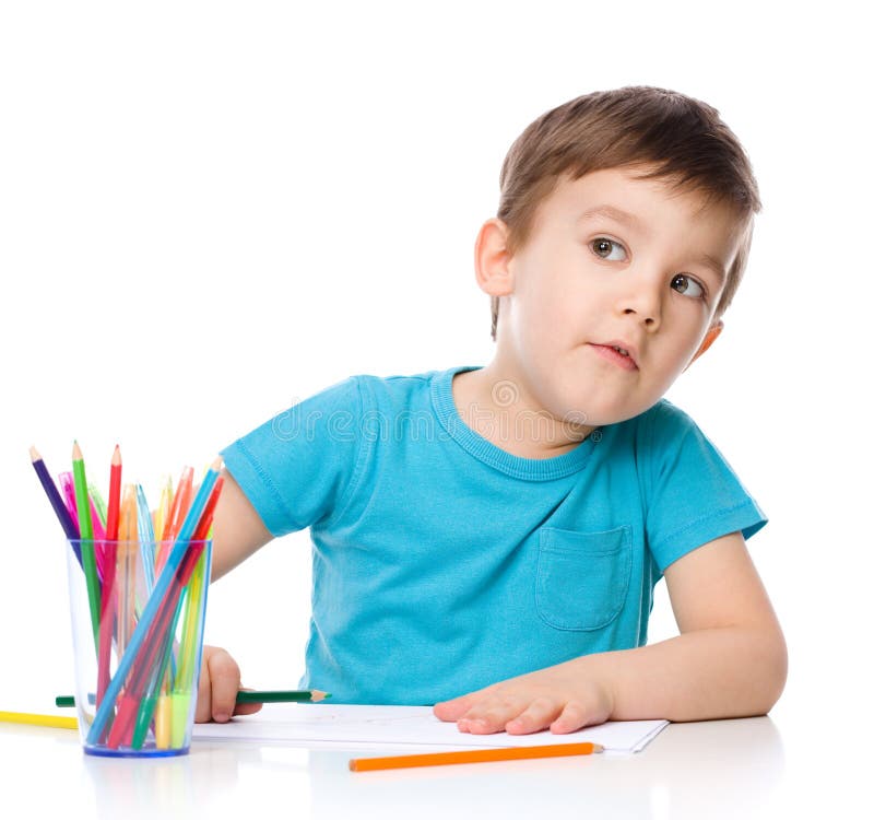 Cute Boy is Drawing Using Color Pencils Stock Photo - Image of people ...