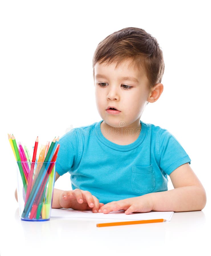 Cute Boy is Drawing Using Color Pencils Stock Photo - Image of learn ...