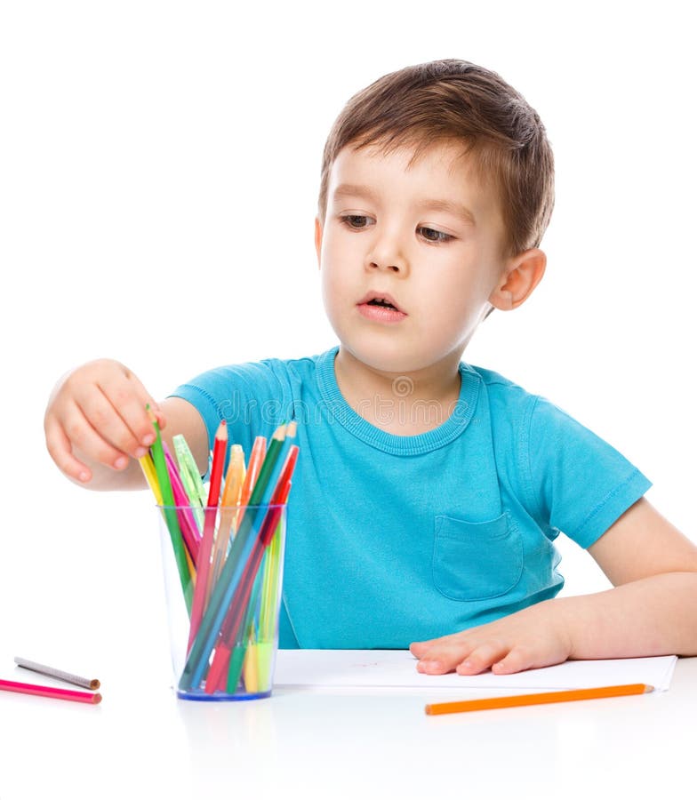 Cute Boy is Drawing Using Color Pencils Stock Image - Image of ...