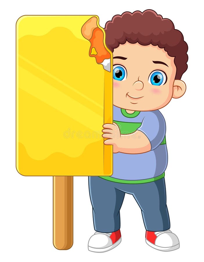 A Cute Boy Eating a Big Ice Cream Stick Stock Vector - Illustration of ...