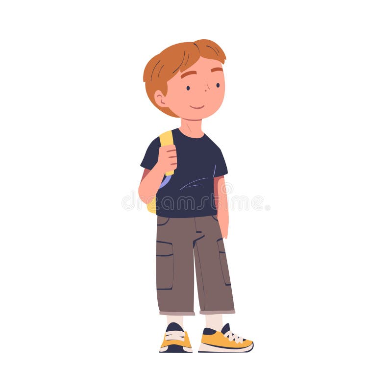 Cute Boy Elementary School Student Standing with Backpack Cartoon ...