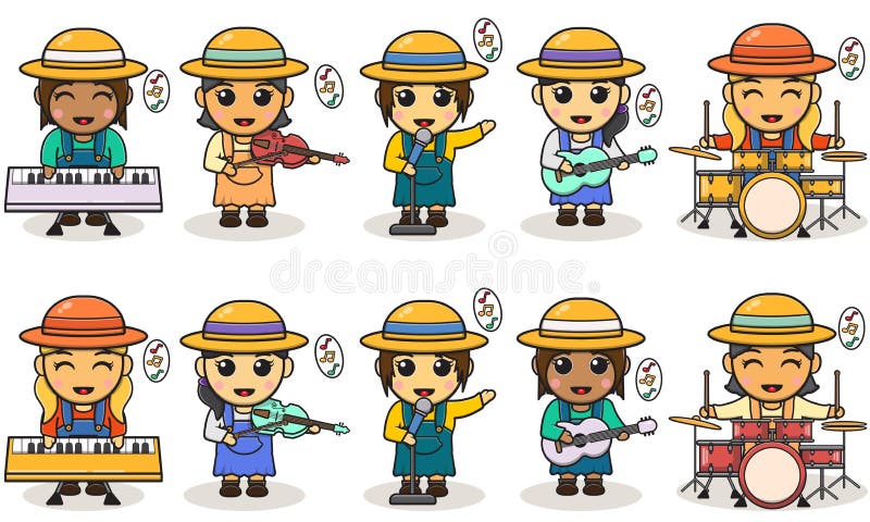 Vector Illustration Cartoon of Cute Girls Farmer Music Band. Stock ...