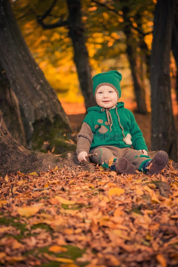 Cute boy in forest stock image. Image of sitting, seasonal - 34297833
