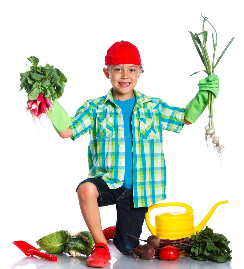 Cute boy gardener stock image. Image of onion, childhood - 71152139