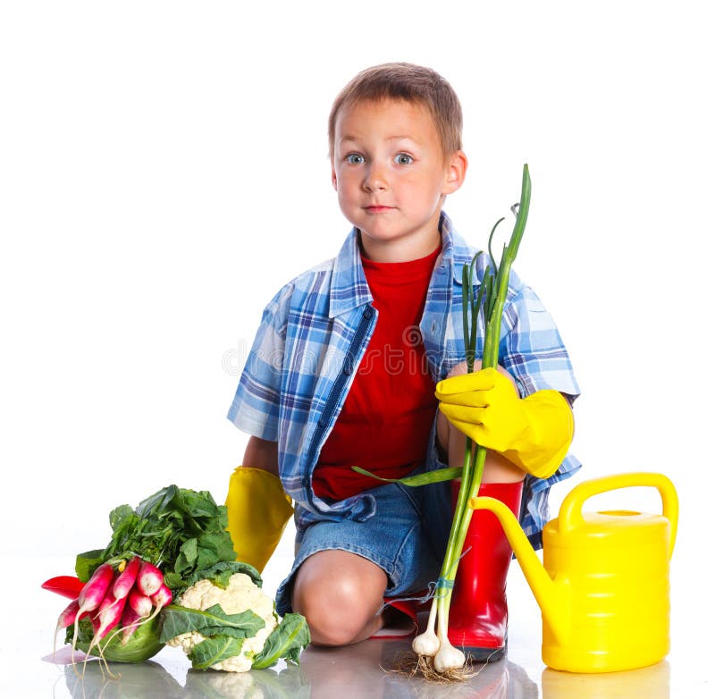 Cute boy gardener stock image. Image of onion, childhood - 71152139