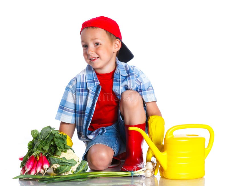 Cute boy gardener stock photo. Image of elementary, radish - 71190906