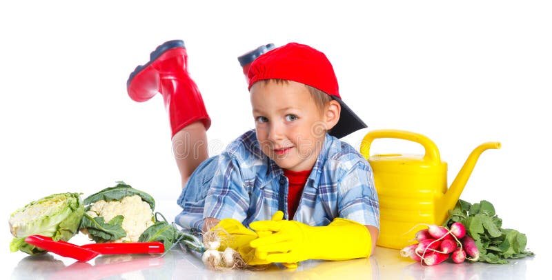 Cute boy gardener stock photo. Image of elementary, radish - 71190906