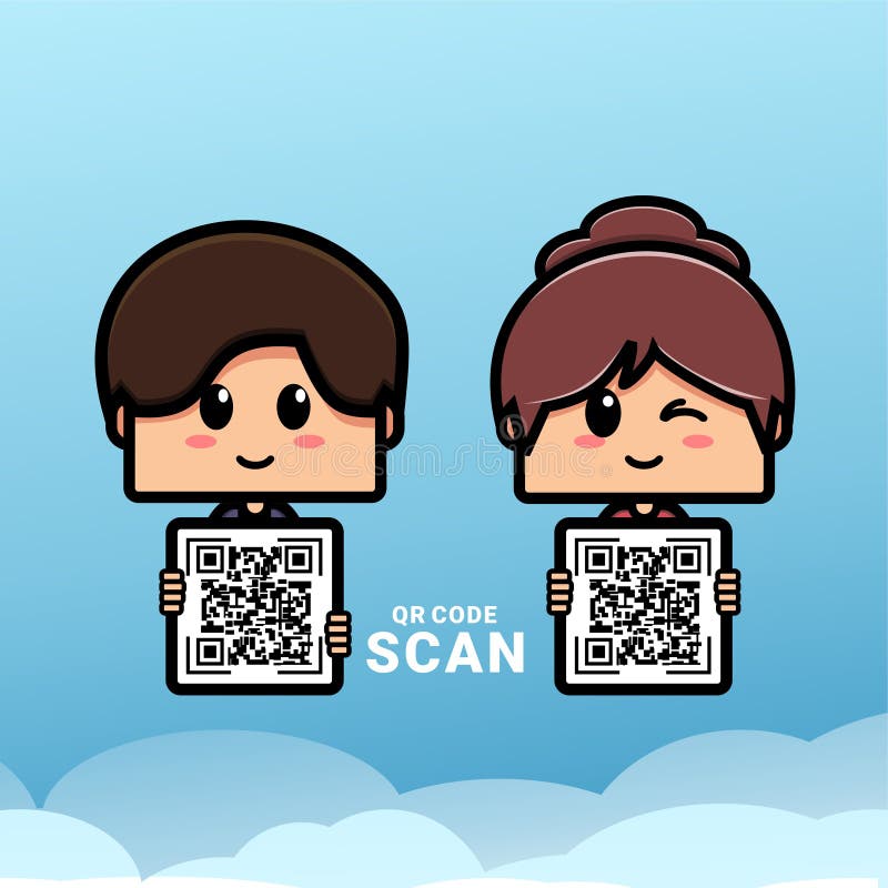 Cute Boy and Girl Character Holding QR Code. Scanning QR Code Stock ...