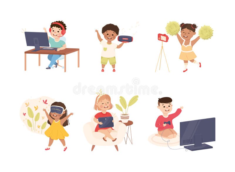 Cute Boy and Girl Using Gadget and Electronic Device Vector Set Stock ...