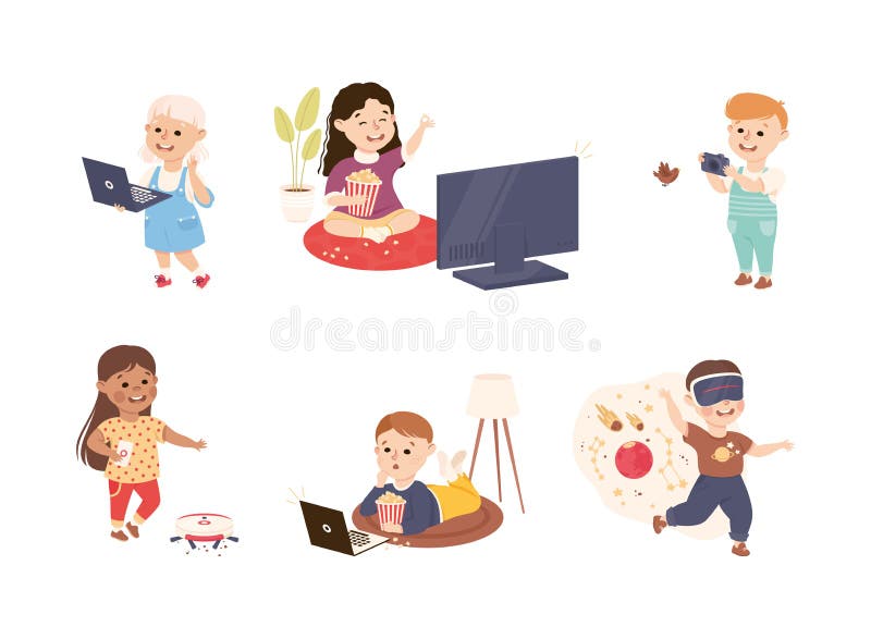 Cute Boy and Girl Using Gadget and Electronic Device Vector Set Stock ...