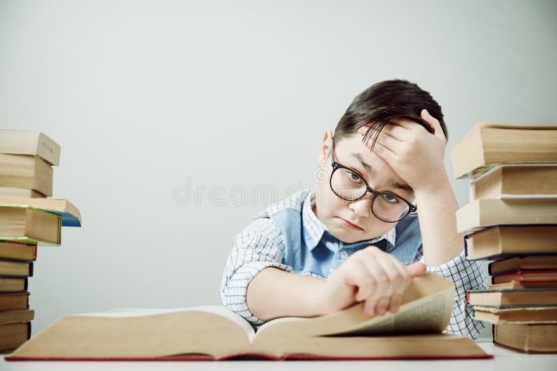 Kid reading books stock image. Image of exhausted, little - 171326527