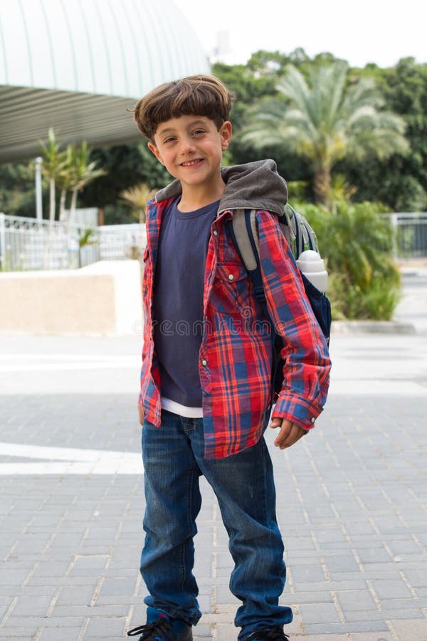 Cute Boy Going To School with Backpack Stock Image - Image of outdoor ...