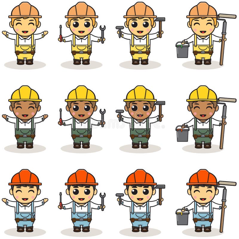 Vector Cartoon Illustration of Happy Handyman Hands Up Pose with Tools ...