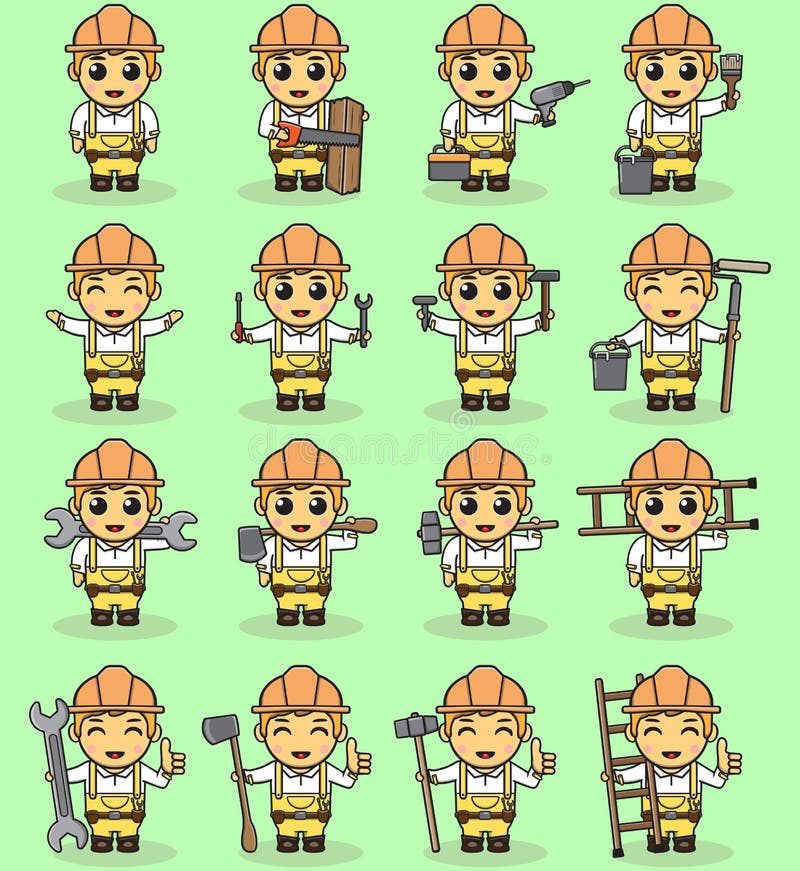 Vector Cartoon Illustration of Cute Handyman Cartoon Bundle. Stock ...