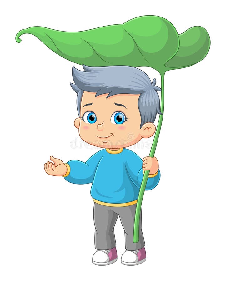 The Cute Boy is Holding the Big Leaf and Standing Under on the Leaf ...