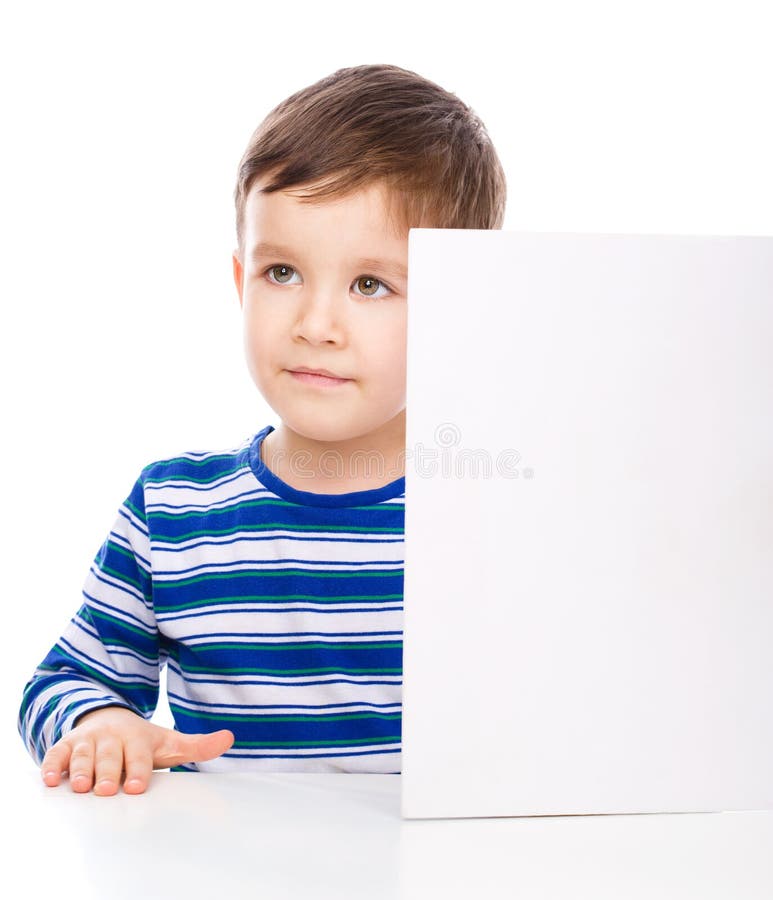 Cute Boy is Holding Blank Banner Stock Photo - Image of advertisement ...