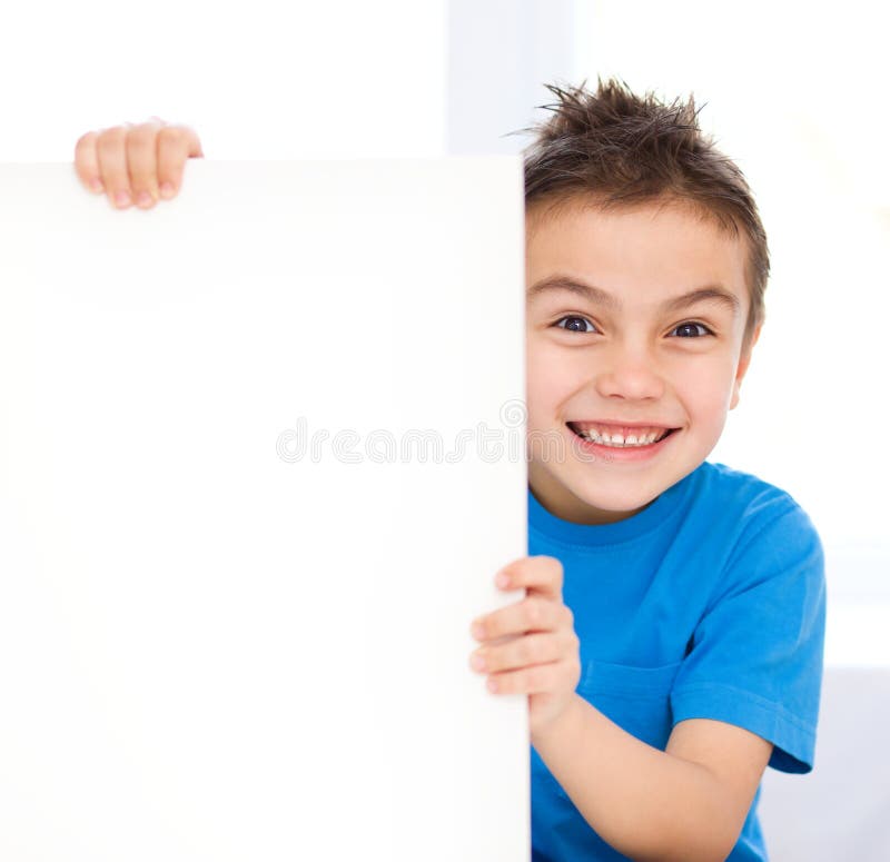 Cute Boy is Holding Blank Banner Stock Photo - Image of board, small ...