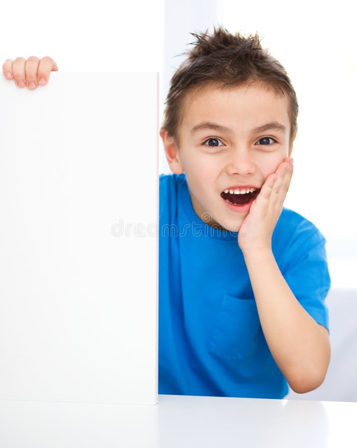 Cute Boy is Holding Blank Banner Stock Image - Image of advertising ...