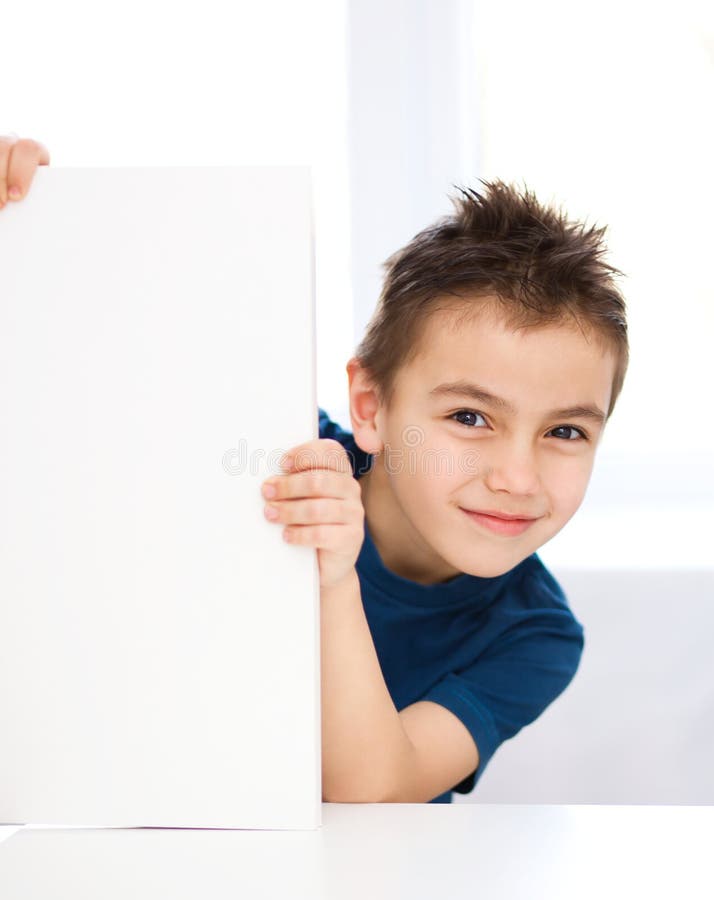 Cute Boy is Holding Blank Banner Stock Photo - Image of good, male ...