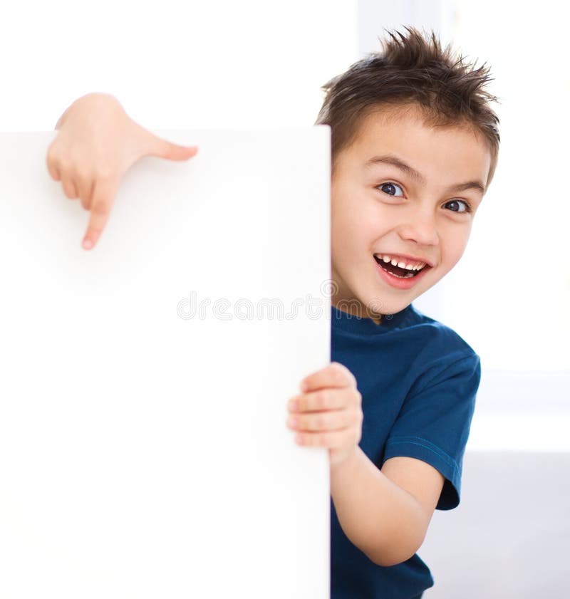 Cute Boy is Holding Blank Banner Stock Photo - Image of closeup, banner ...