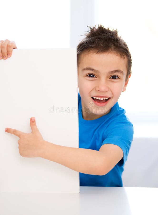 Cute Boy is Holding Blank Banner Stock Image - Image of casual, card ...