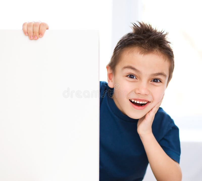 Cute Boy is Holding Blank Banner Stock Photo - Image of person, casual ...