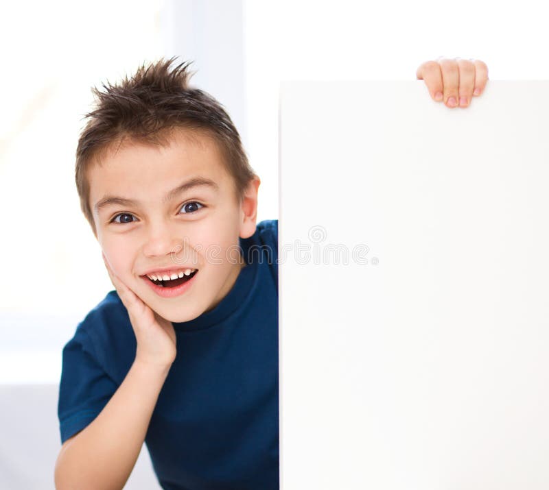 Cute Boy is Holding Blank Banner Stock Photo - Image of good, blank ...