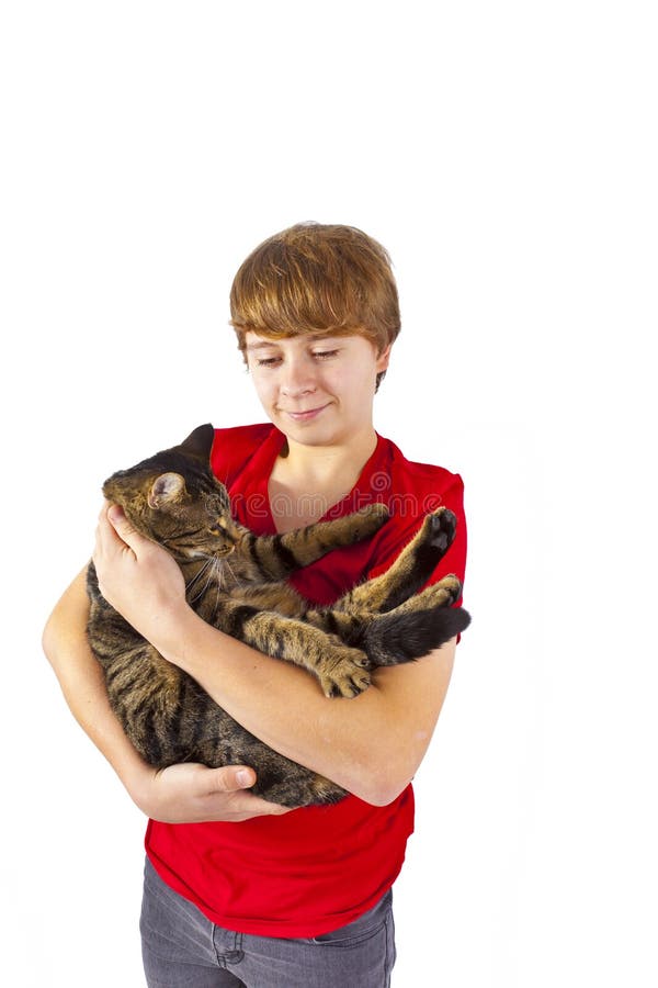 Boy Hugging with His Cute Cat Stock Photo - Image of nose, garden ...