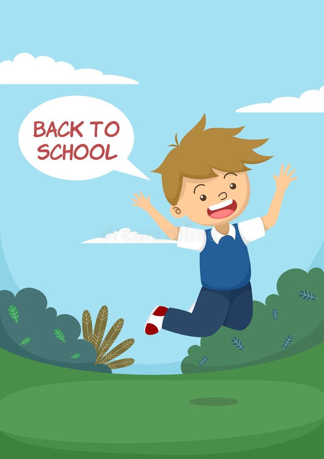 Cute Boy Jumping Happily with Back To School Speech Bubble Stock Vector ...