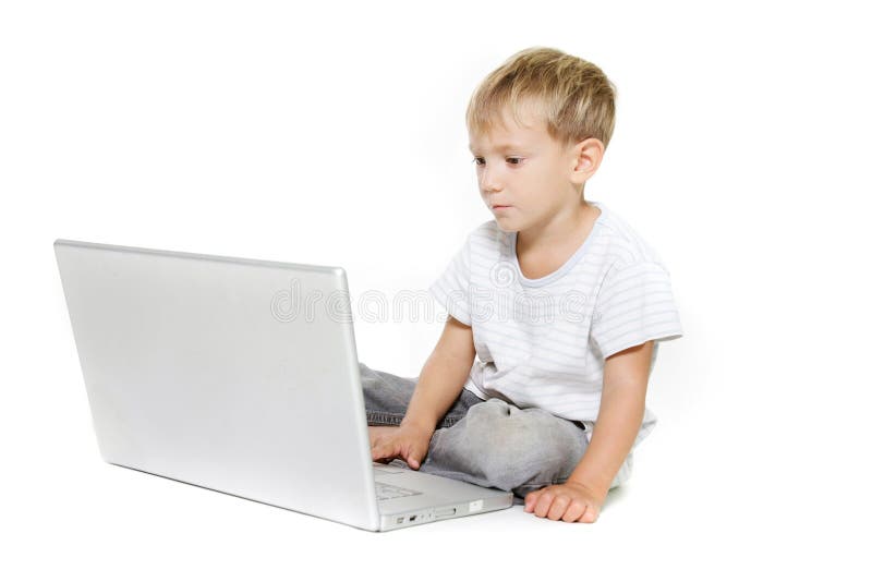 Education, Technology Internet - Little Boy with Laptop Stock Photo ...