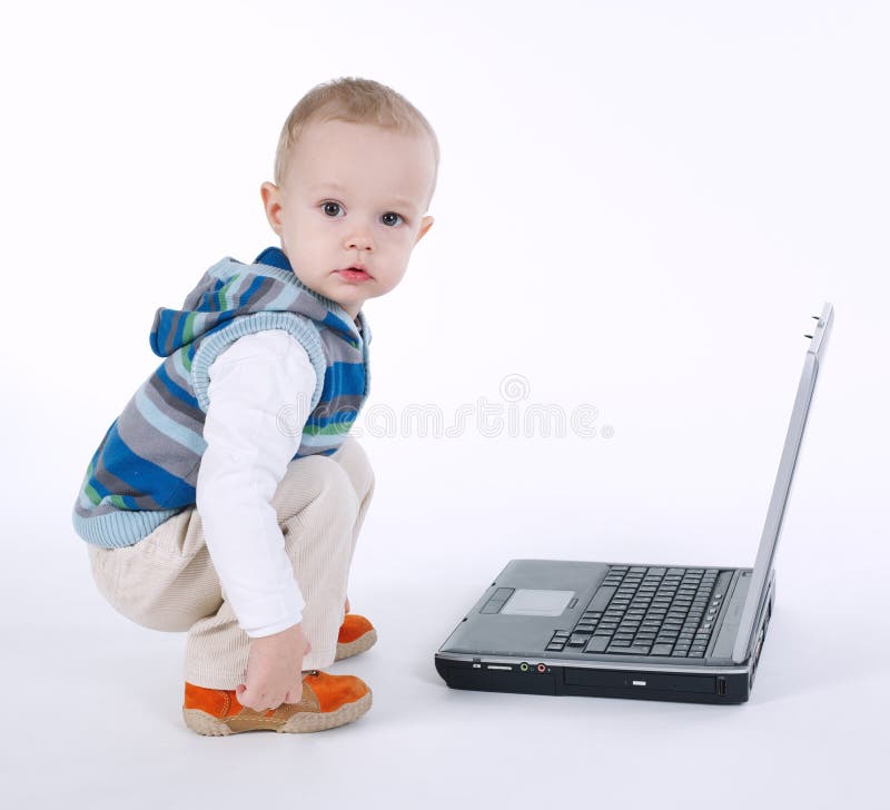Cute Boy with Laptop on White Stock Photo - Image of childhood, human ...