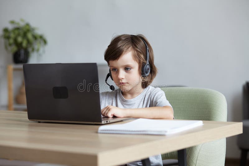 Cute Boy Learning Online Remotely by Video Call Using a Laptop. a ...