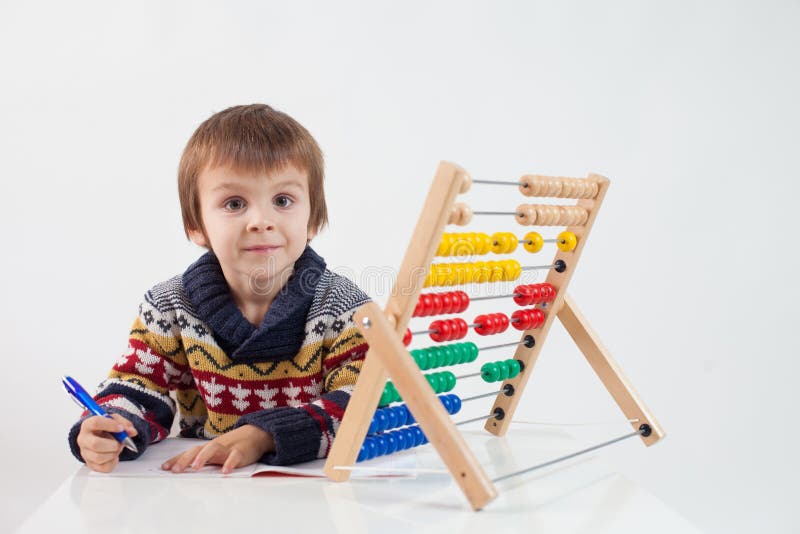 Cute Boy, Learning To Count and Math Stock Photo - Image of calculator ...