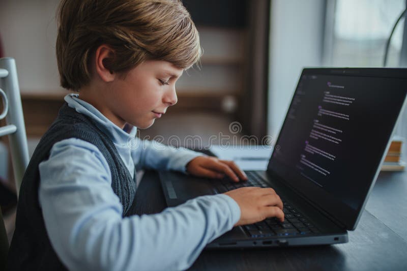 Cute Boy Learning To Work on Laptop Stock Image - Image of focused ...