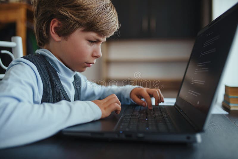 Cute Boy Learning To Work on Laptop Stock Image - Image of computer ...