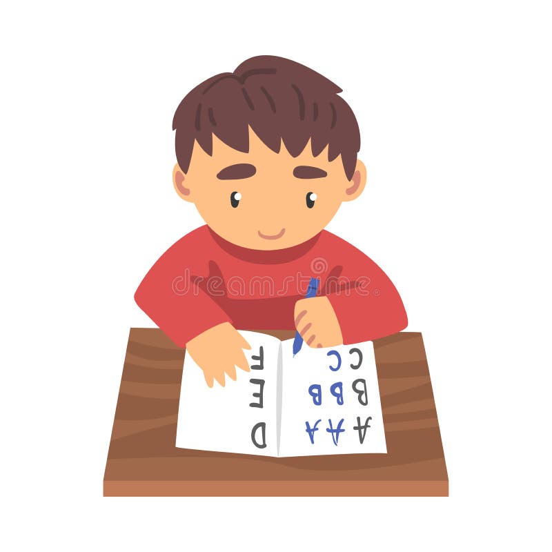 Cute Boy Learning To Write, Elementary School Student in Casual Uniform ...