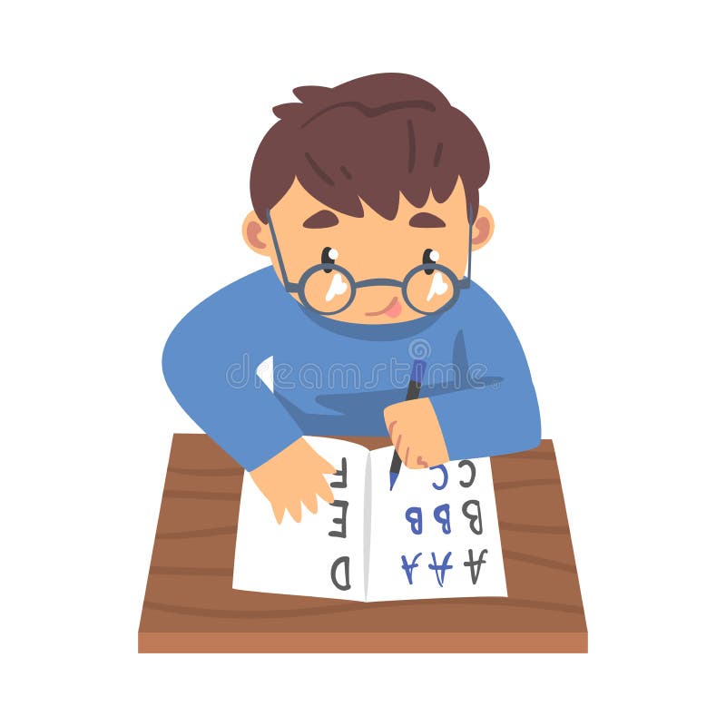 Cute Boy Learning To Write, Elementary School Student Writing English ...