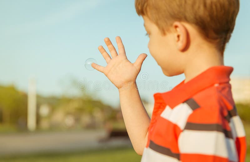 Cute Boy Looking Soap Bubble His Open Hand Stock Photos - Free ...