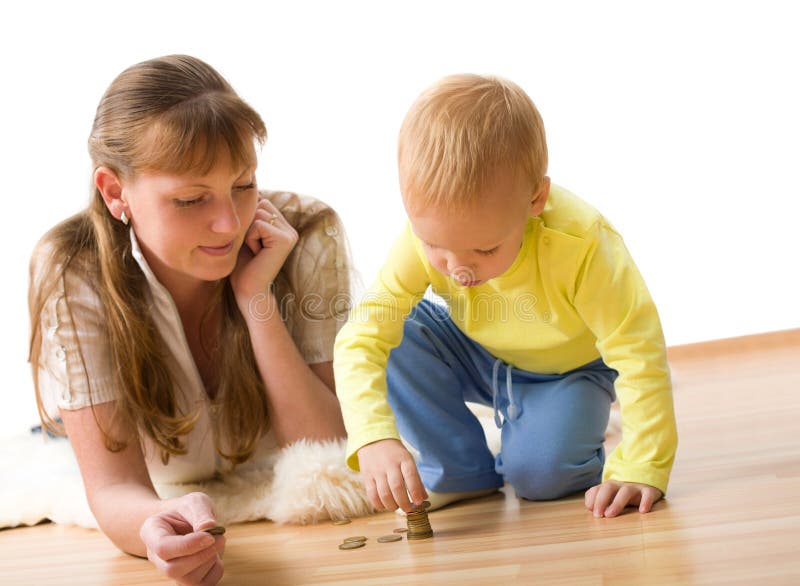Cute Boy with Mother Learn To Count Money at Home Stock Photo - Image ...