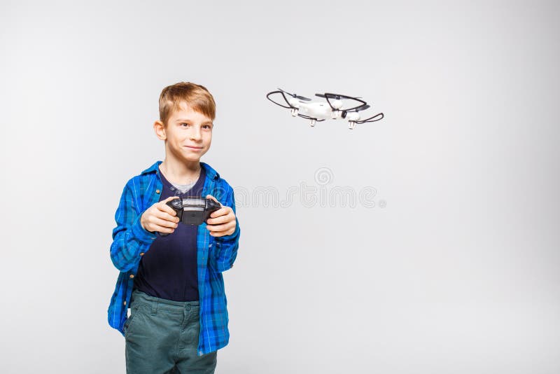 Cute Boy Operating The Dron Or Quadcopter Stock Image - Image of ...