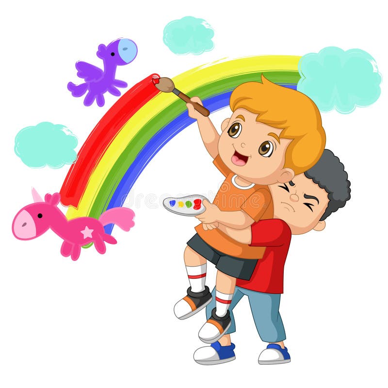 Cute Boy Paint Drawings on Wall Using Brushes Cartoon Stock Vector ...