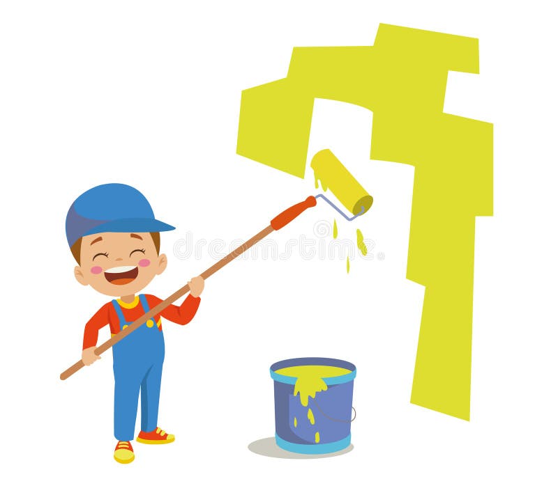 Cute Boy Painter Doing Wall Paint Stock Vector - Illustration of ...