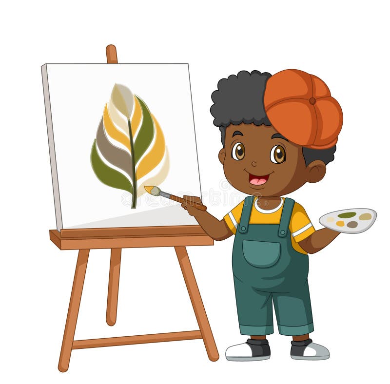 Cute Boy Painting Leaf on Canvas Stock Vector - Illustration of student ...