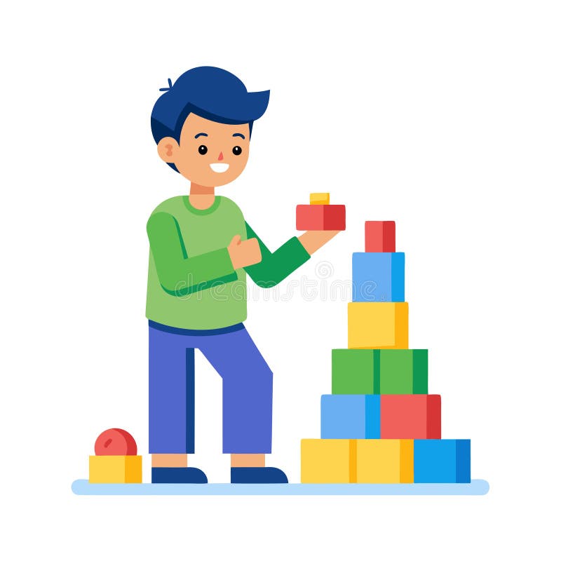 Boy Building a Tower with Colorful Blocks, Educational Playtime Fun ...